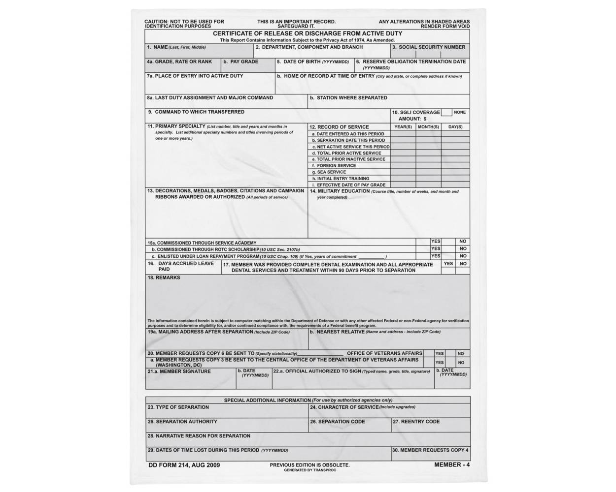 DD-214 Discharge From Active Duty Throw Blanket | 60×80 Soft Silk Touch