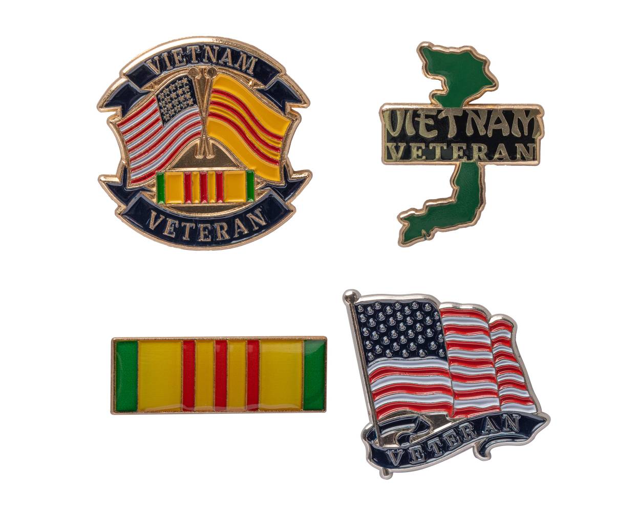 Vietnam Veteran 4-Piece Pin Set | Map, Flag, Ribbon & Veteran Pins