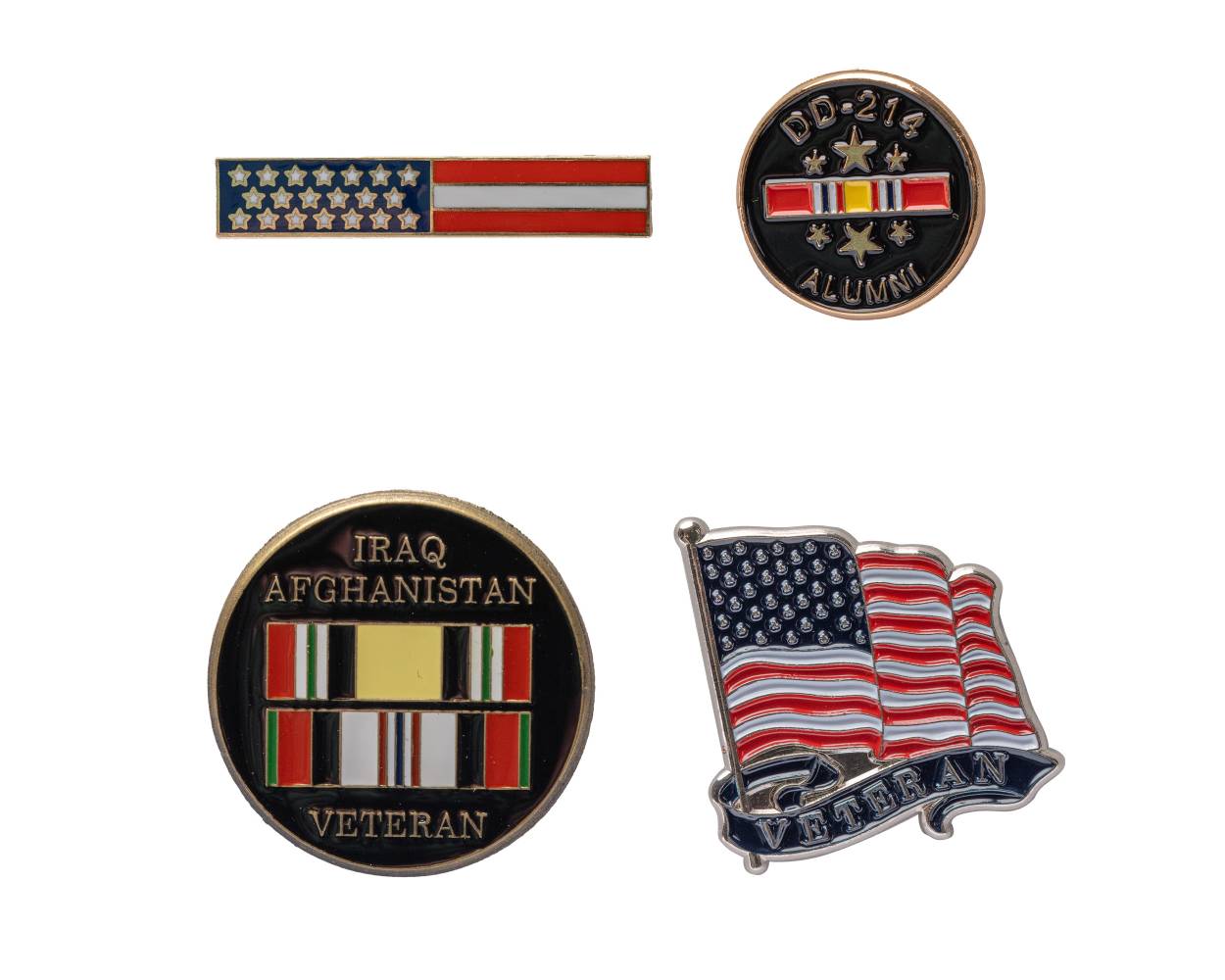 Veteran 4-Piece Pin Set | Iraq Afghanistan, DD214, Ribbons & Flag